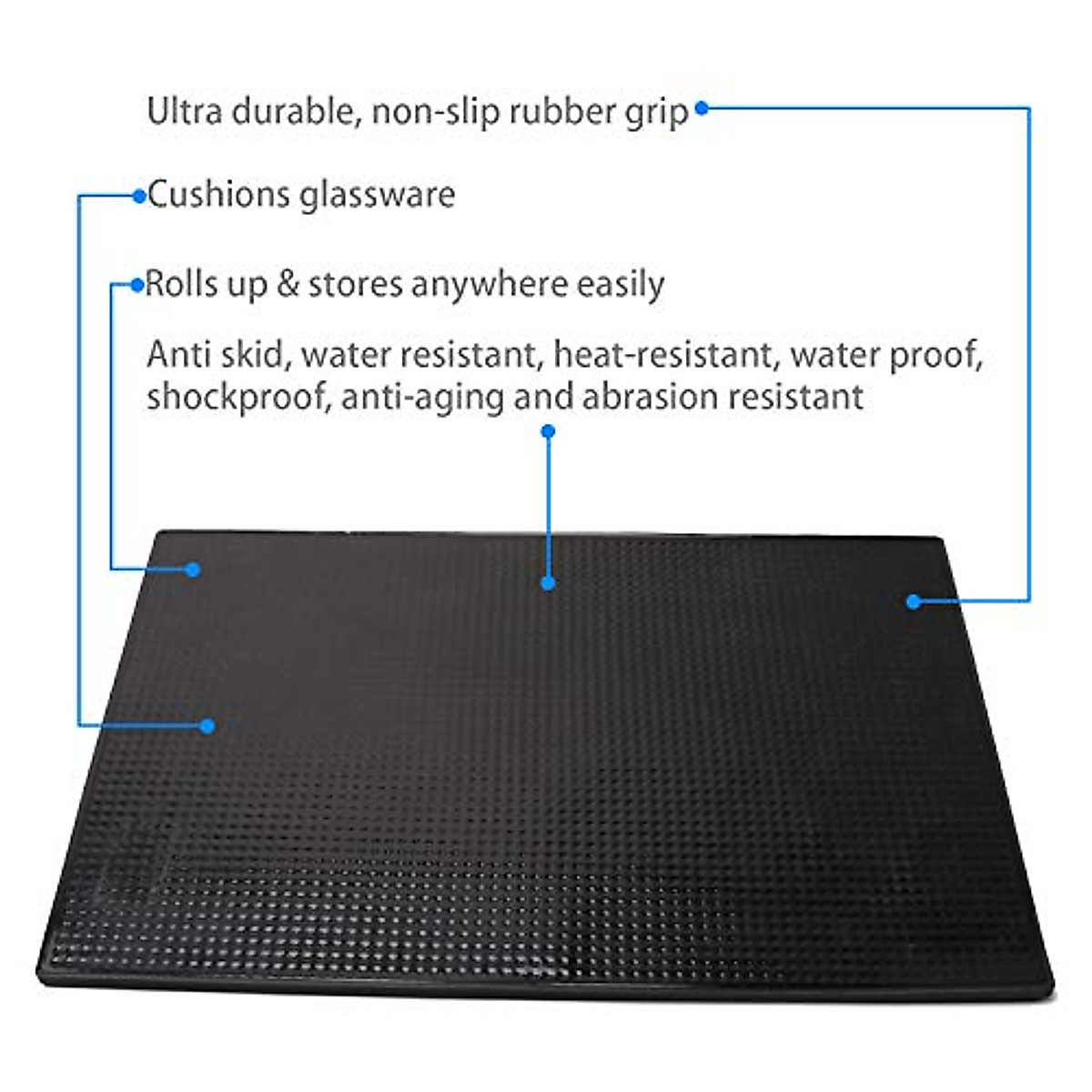 Bar Service Mat, Rubber Salon Mat Large Square 17.7" x 11.8" Flexible PVC Kitchen Drink Service Mat, Non-Slip Heat Resistant Heavy Duty Dish Drying Pad Rectangle Waterproof Drip Mat Black