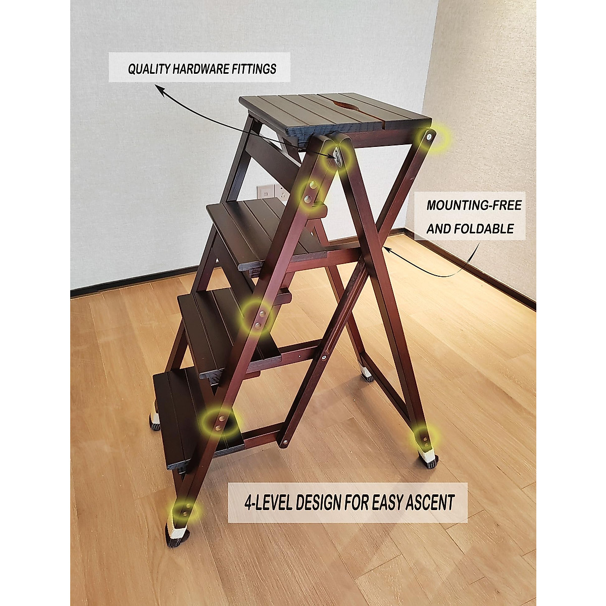 Step Stool for Adults/Step Ladder/Counter Chair, Step Folding Portable Wooden Step Stool, Anti-Slip & Lightweight(Size:Walnut 4 layers)