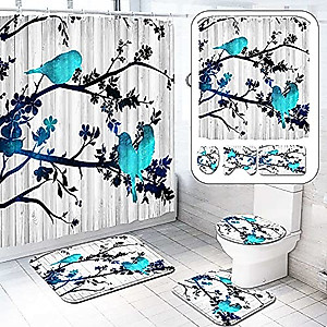 ArtKissMore Bird Tree Shower Curtain Set with Non-Slip Rugs Toilet Lid Cover and Bath Mat Flower Tree and Birds Animal Print Design Bathroom Curtains Fabric Decor with 12 Hooks
