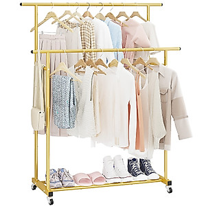 Calmootey Double Rod Clothing Garment Rack,Rolling Hanging Clothes Rack,Portable Clothes Organizer for Bedroom,Living Room,Clothing Store,Gold