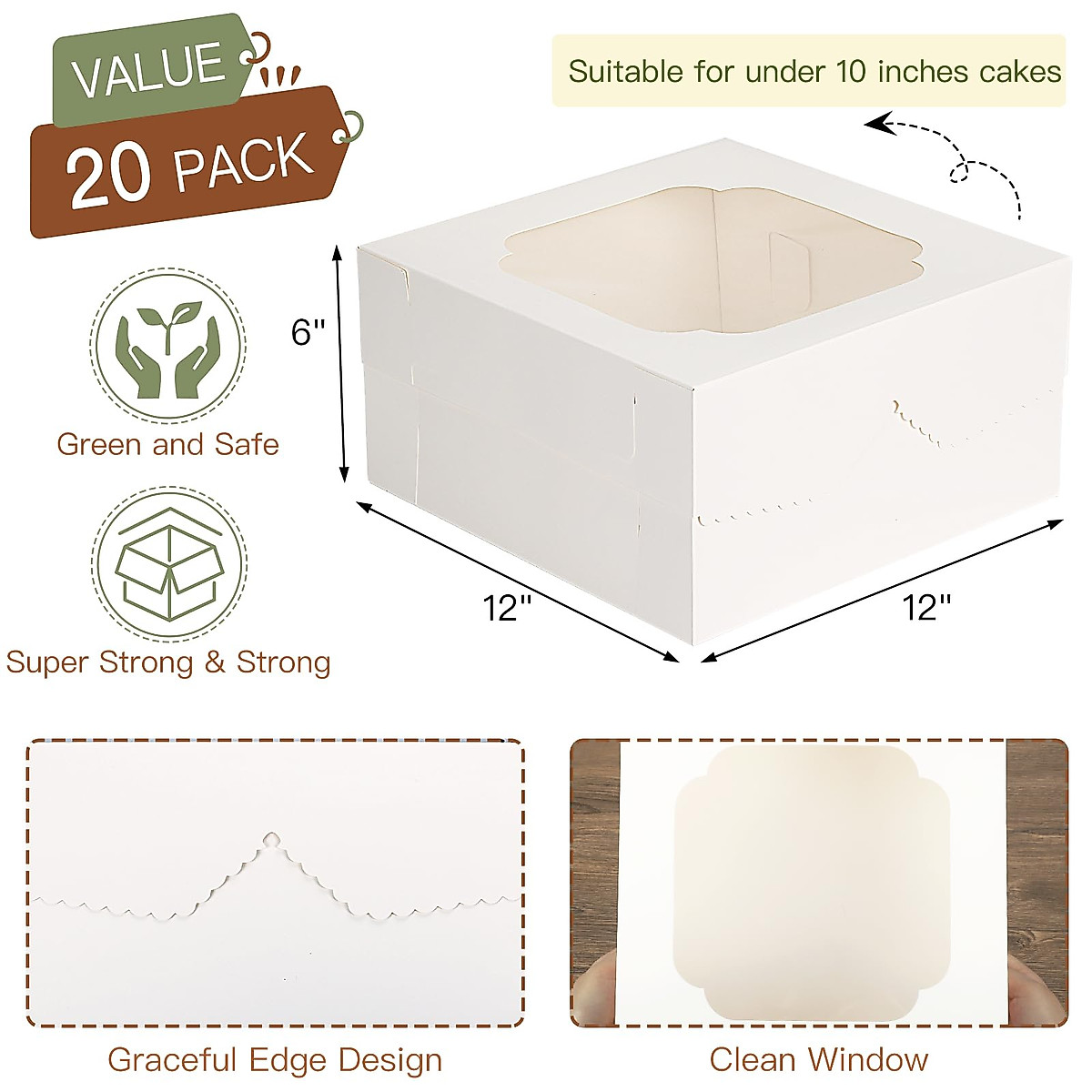 TOMNK 20pcs Cake Boxes, 12x12x6Inch White Bakery Boxes with Window, Disposable Cake Caddy Carrier Container for Valentine's Day, Mother's Day, Pie Pastries Cookies Cakes
