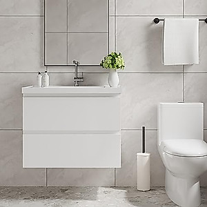 JPND 30" Bathroom Vanity with Sink Combo, Wall Mounted Vanity Base Cabinet with Single Hole Sink and Two Soft Close Drawers, Handle-Free Design, White (Faucet and Drain not Included)