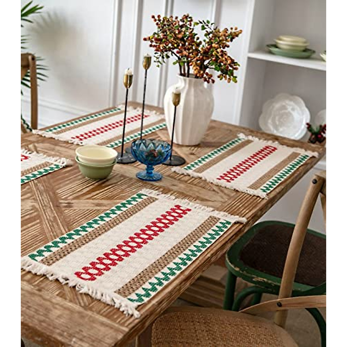 CcHhyyt Set of 4 Handmade Boho Placemat Rectangle Macrame Cotton Table Mats Woven Jute Tassel Placemat Christmas Table Decor Fringe Coffee Mat Kitchen Dining Table Christmas Decor Bohemian Style