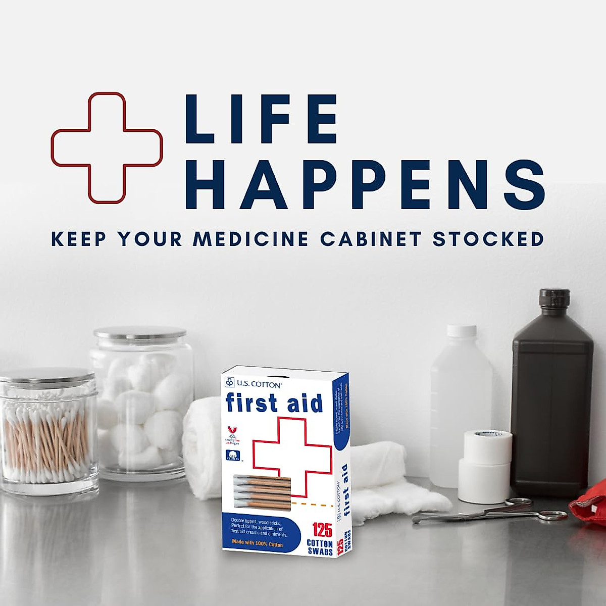 U.S. Cotton First Aid or Baby 100% Cotton Swabs, Wood Stick, 125 Count Boxes (Pack of 6 Boxes)