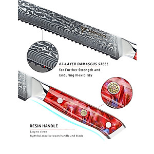 SANMUZUO 8” Bread Knife Serrated Kitchen Chef Knife - Damascus Steel & Resin Handle - Xuan Series (Sunset Red)