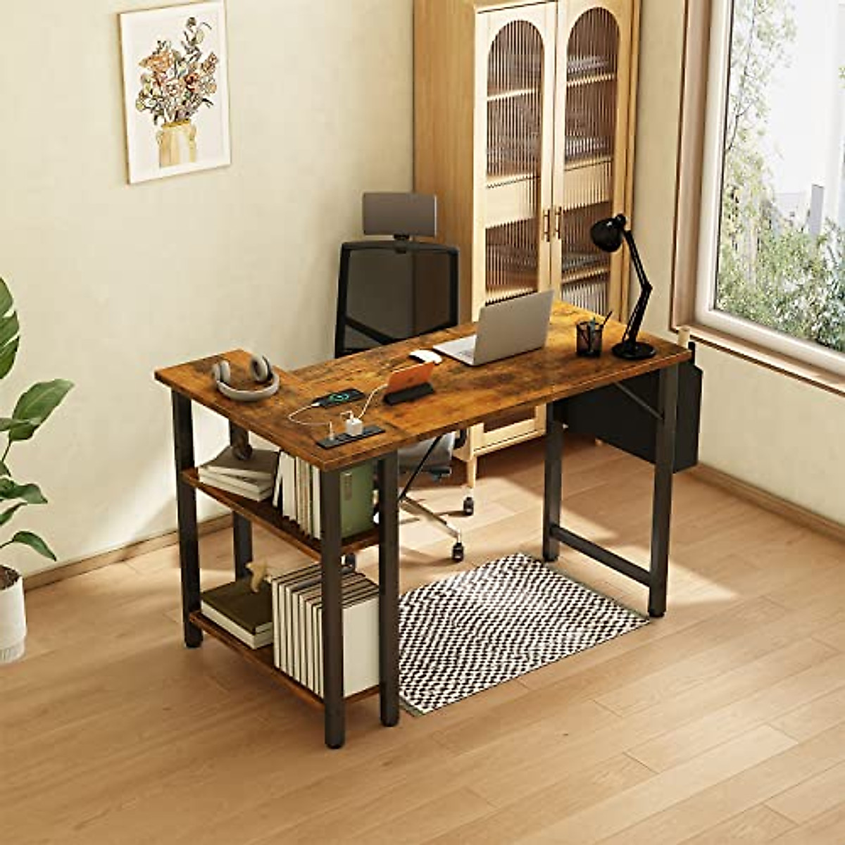 Lufeiya Small L Shaped Desk with Power Outlet Shelves, 40 Inch Corner Desk for Small Space Home Office, L-Shaped Computer Desk PC Desks with Charging Station, Rustic Brown