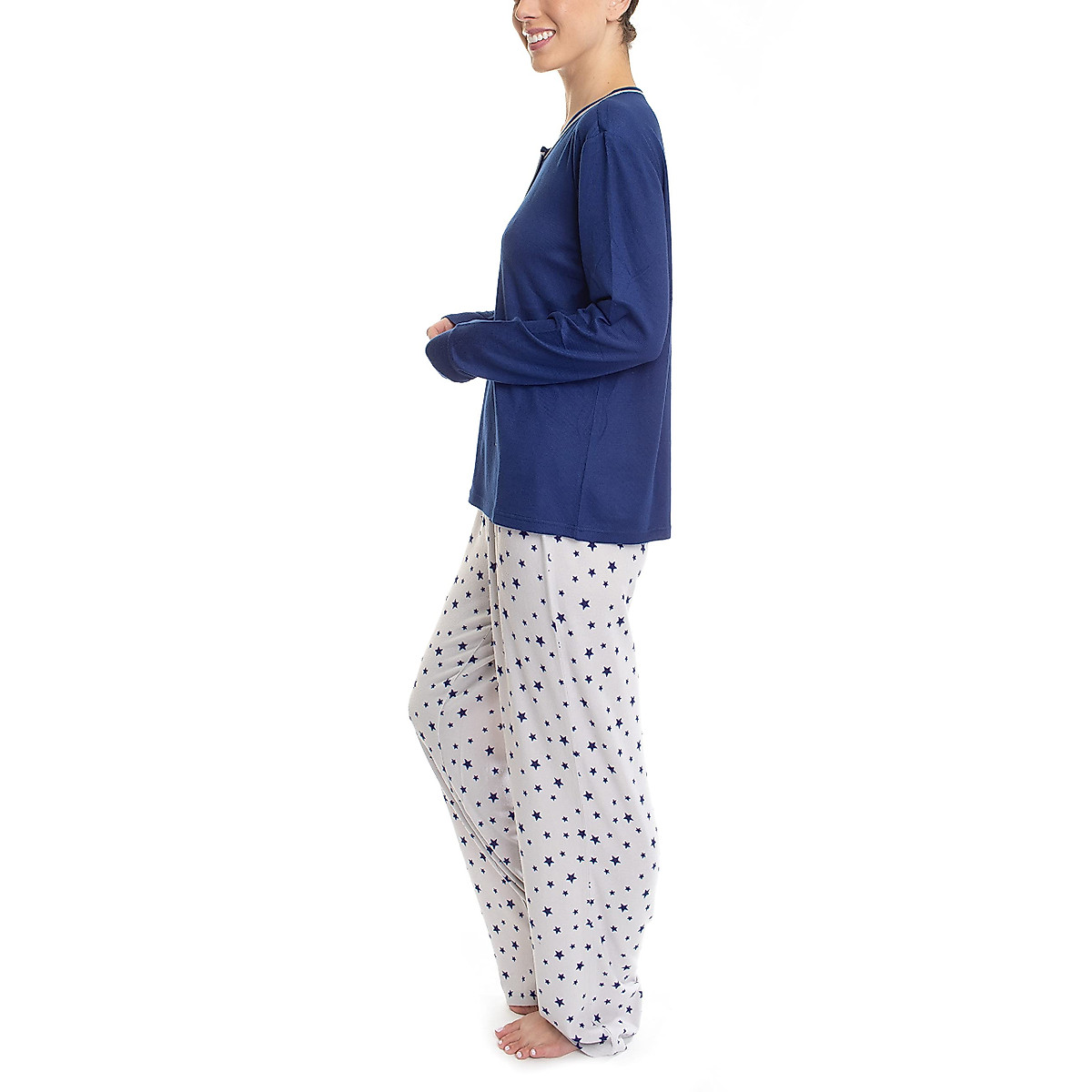 Hanes Women's Dreamscape Longsleeve Top and Pajama Bottom Butter Knit Sleep and Lounge Set, Blue/Star, Small