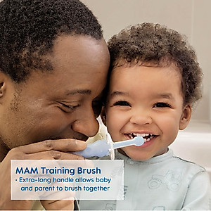 MAM Learn to Brush Set (1 Baby's Brush Toothbrush, 1 Training Brush, 1 Safety Shield), Baby Toothbrushes with Brushy The Bear, Interactive App, for Girls 5+ Months, Pink