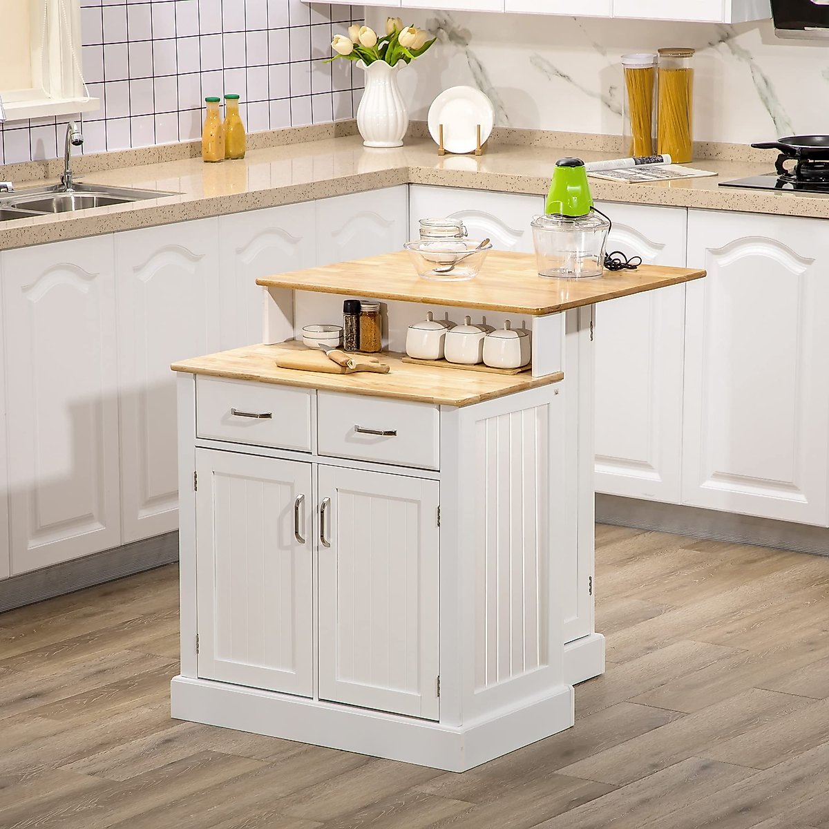 HOMCOM Kitchen Island with Storage Cabinet and 2-Level Rubber Wood Tabletop, Island Table with Adjustable Shelves and Drawers, White