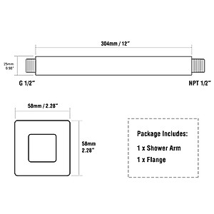 Matte Black Shower Arm with Flange 12 Inch Replacement Extension Pipe Stainless Steel Rainfall Shower Head Extender Arm, Square Shaped