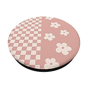 Aesthetic Checker Retro Groovy Flowers in Cream Peach Pink PopSockets Swappable PopGrip