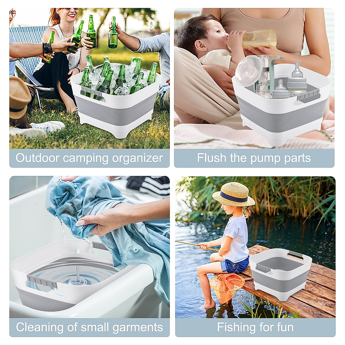 Goderewild 2024 Upgraded 2.4 Gal (9L) Collapsible Dish Basin with Drain Plug, Space Saving Multiuse Foldable Sink Tub, Dishpan, Beverage Tubs for Camping, Vegetable Washing, RV (Gray)