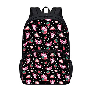 Parprinty Cartoon Strawberry Axolotl Backpack for Girls Durable Sturdy Lightweight 17" Cute School Backpack Teen Girls Kids Black Bookbag Double Zipper Aesthetic Casual Daypack with Front Pocket