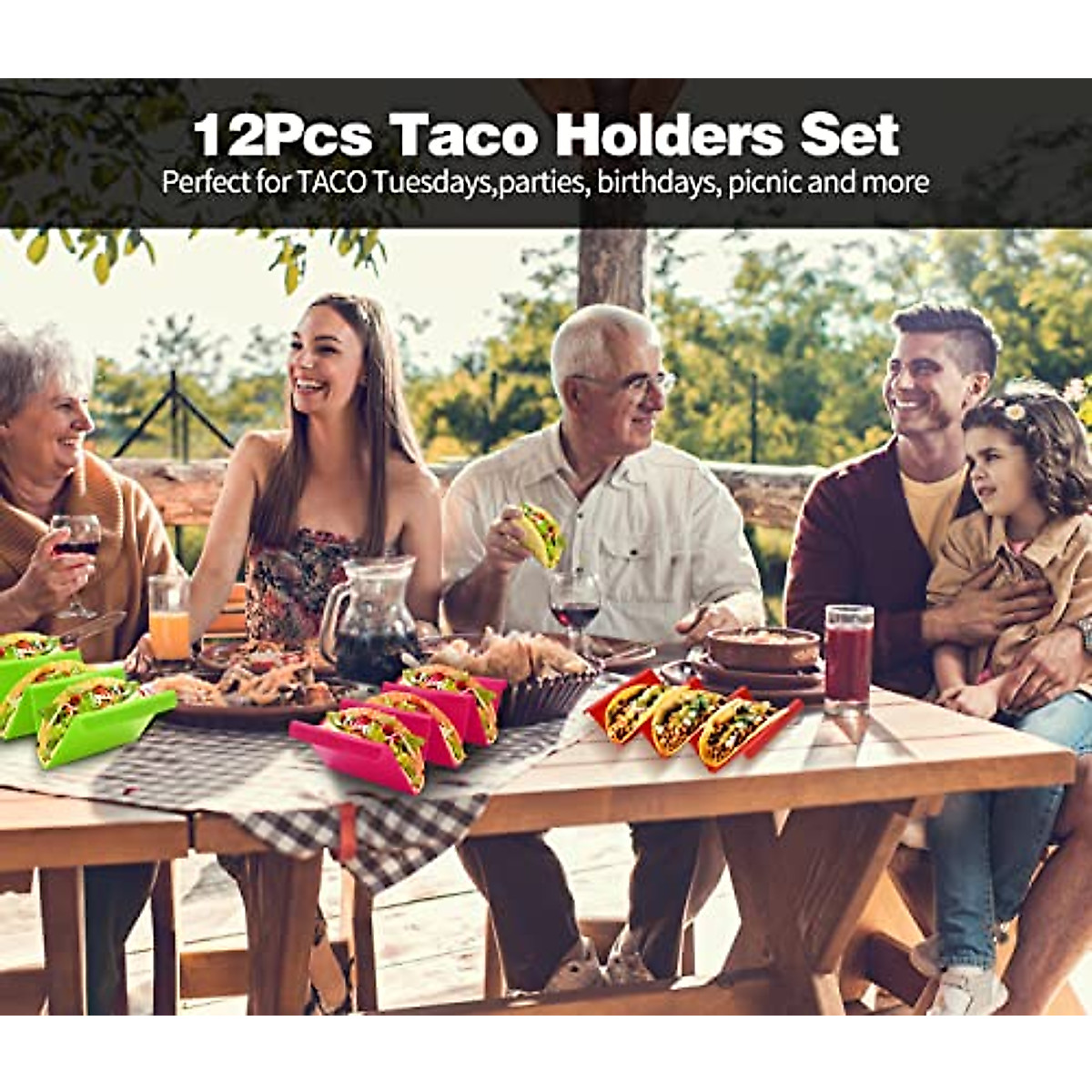 Taco Holder Set, 12 Pack/24 Pack Large Colorful Taco Tray, Taco Stand Each Can Hold 2 or 3 Tacos, Food Grade PP Material, Taco Tray Holder, Tacos Holder for Party, Dishwasher and Microwave(12 Pack)