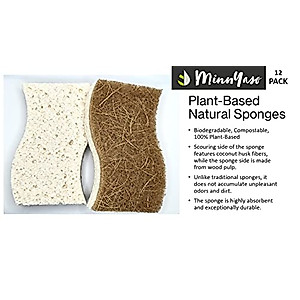 MinnYaso 12 Pack S-Shape Natural Sponges, Hemp Sisal Plant Based Scrubber Scouring Sponge, Eco-Friendly Odor Free Biodegradable Compostable Wood Pulp Sustainable Scrub Pads for Kitchen Dishes Bathroom