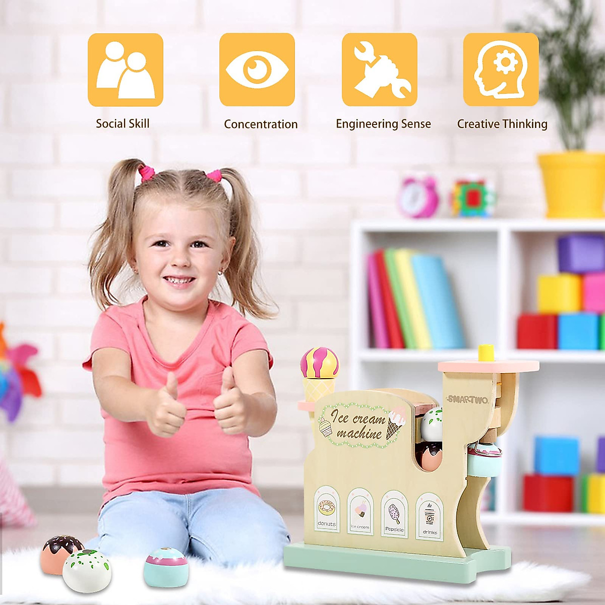 Smartwo Wooden Ice Cream Maker Toy Set for Toddler, Pretend Play Kitchen Food Accessories, Counter Playset for Kids, Christmas Birthday Gift for 3 4 5 6 Years Old Child