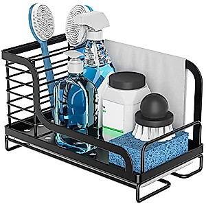 ODesign Kitchen Sink Organizer Sponge Brush Holder with Drain Pan Tray Sink Caddy Countertop Stainless Steel Rustproof - Black