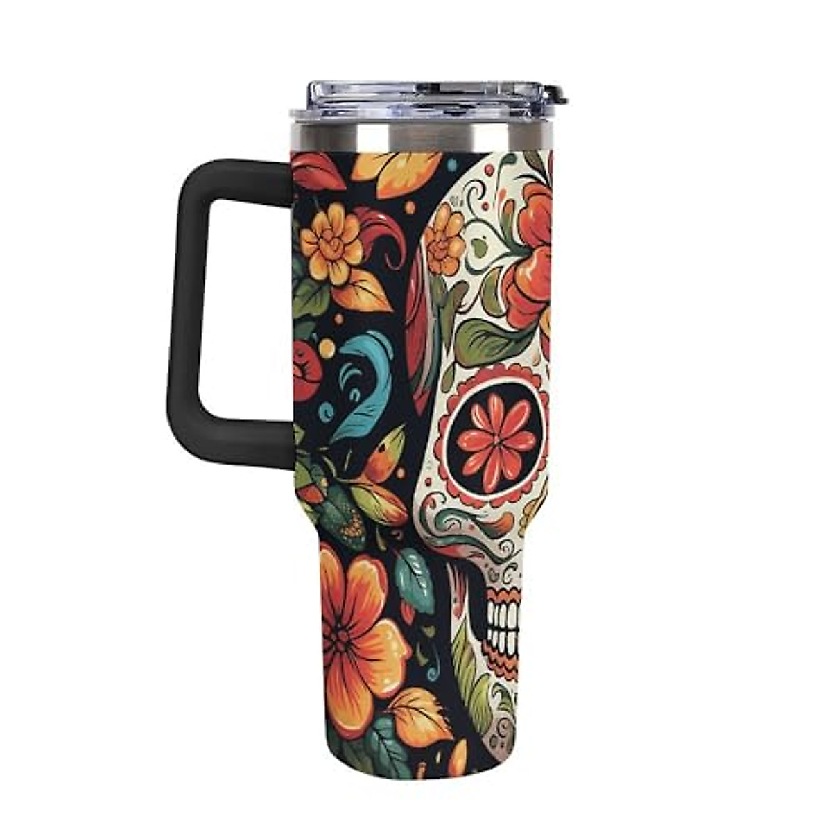 HJUQNGF 40 Oz Personalized Tumbler with Handle And Straw Colorful Sugar Skull Stainless Steel Insulated Tumblers Reusable Car Thermal Cup Travel Coffee Mug for Women Men