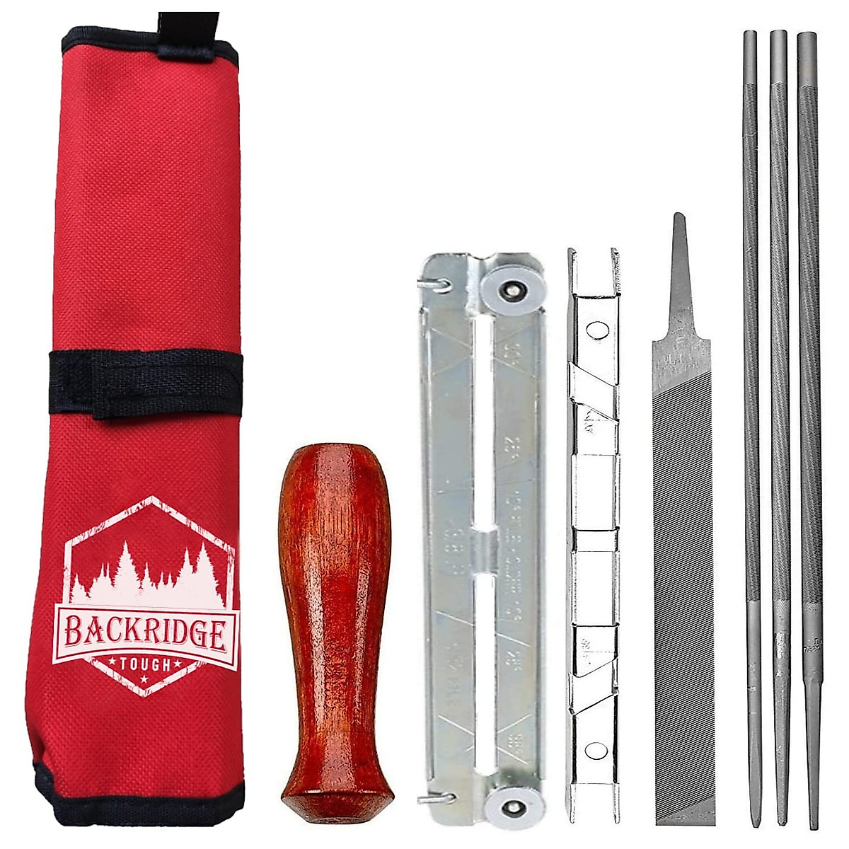 Chainsaw Sharpener File Kit – Flat, 5/32, 3/16, 7/32 Inch Round Files, Raker Tooth Depth Gauge, Blade Filing Guide, Wood Handle & Tool Pouch – used to Sharpen Chain Saw Teeth - 8 Piece Sharpening Set
