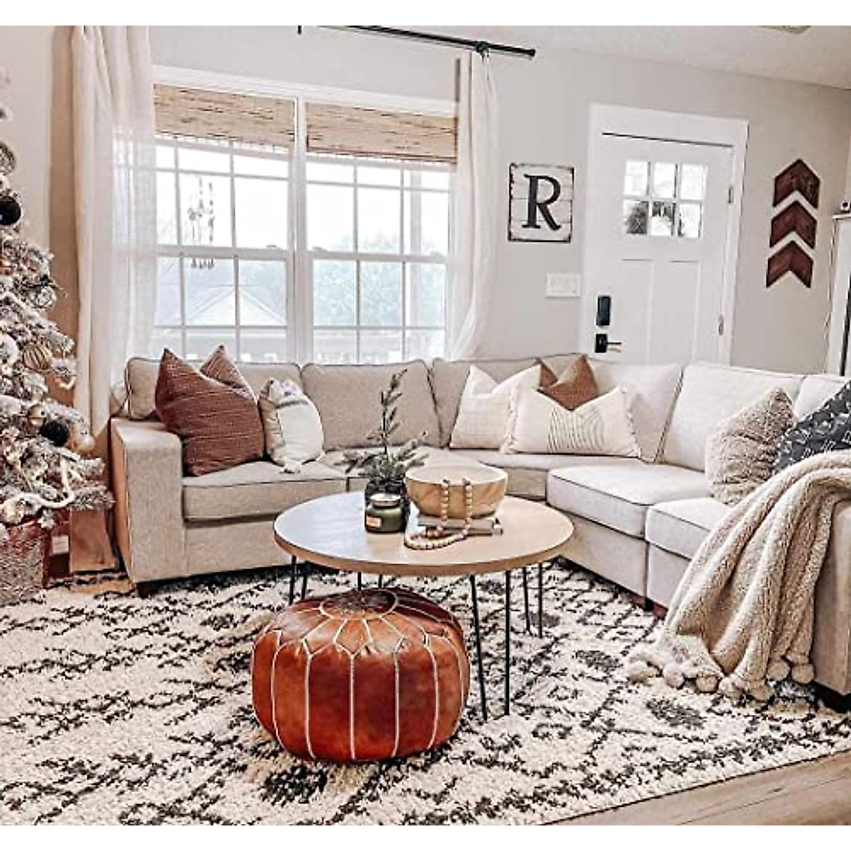 Hauteloom Berber Shag - Godalming Farmhouse Living Room Bedroom Area Rug with Tassel - Fluffy Plush High Pile Carpet - Soft Shaggy Rug, Moroccan Trellis - White, Beige, Cream, Black - 5'3" x 7'3"