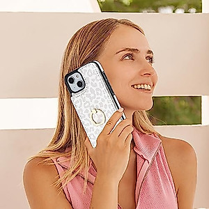 HAOPINSH for iPhone 13/ iPhone 14 Wallet Case with Card Holder, 360°Rotation Ring Kickstand, White Leopard Cheetah Pattern, RFID Blocking Leather for Girls Women, Double Buttons Flip Protective 6.1"