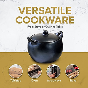 Toque Blanche Clay Pot Essentials - Versatile Clay Cooking Pots, Handmade Earthenware Cookware - Perfect for Cooking Soups, Stews, and More | Black - 6-Quart Large Pot with Handle & Lid