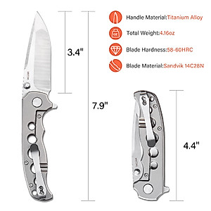 Monikala Pocket Knives & Folding Knives, 3.4" Titanium Pocket Knife Set, Liner Lock Pocket Knife, 14C28N Blade, Superior Pocket Knife for Women Man, Folding Pocket Knife for Chritmas Gift