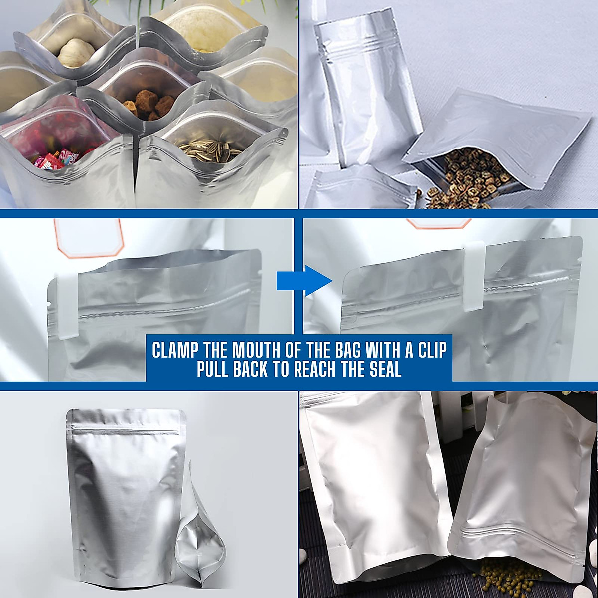 100 Pack Mylar Bags for Food Storage with 100x300cc Oxygen Absorbers - 9 Mil 10"x14" 6"x9" 4.3"x6.3" - Resealable Bags for Packaging Products & Ziplock Food Grade Bags for Storage