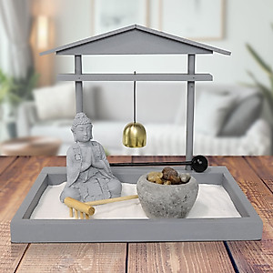 Gray Japanese Zen Garden Sand Box with Miniature Gold Bell Design - Mini Buddha Statue in Sand - Perfect Meditation Gifts for Relaxation and Mindfulness - Perfect Home and Office Decor