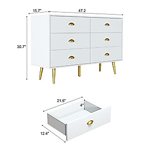 CARPETNAL White Dresser, Modern Dresser for Bedroom, 6 Drawer Dresser with Wide Drawers and Metal Handles, Wooden Double Dressers & Chest of Drawers for Hallway, Entryway
