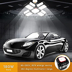 Led Garage Light 180W, 18000LM LED Garage Ceiling Lighting with E26/E27 Ceiling Shop Work Lamp, 6500K Deformable LED Shop Light with 12+1 Adjustable Panels Lights for Garage, Workshop, Attic, Basement