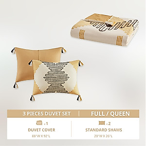 INK+IVY Queen Duvet Cover Set, Southwestern Geometric with Decorative Embroidery, Boho Duvet Set Queen, Pre-Washed Cotton Duvet Queen Set Bedding Cover, 2 Shams, Arizona, Full/Queen Yellow 3 Piece
