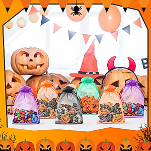 Ribbonlic 200 Pcs Halloween Organza Bags 4 x 6 Inches Small Mesh Bags Drawstring Gift Bags Bulk Halloween Goodie Bags Candy Treat Packaging Bags for Tick or Treat Halloween Party Favor