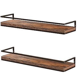 Meangood Floating Shelves Wall Mounted Set of 2, Rustic Wood Wall Storage Shelves for Bedroom,Living Room,Bathroom, Kitchen Rustic Brown
