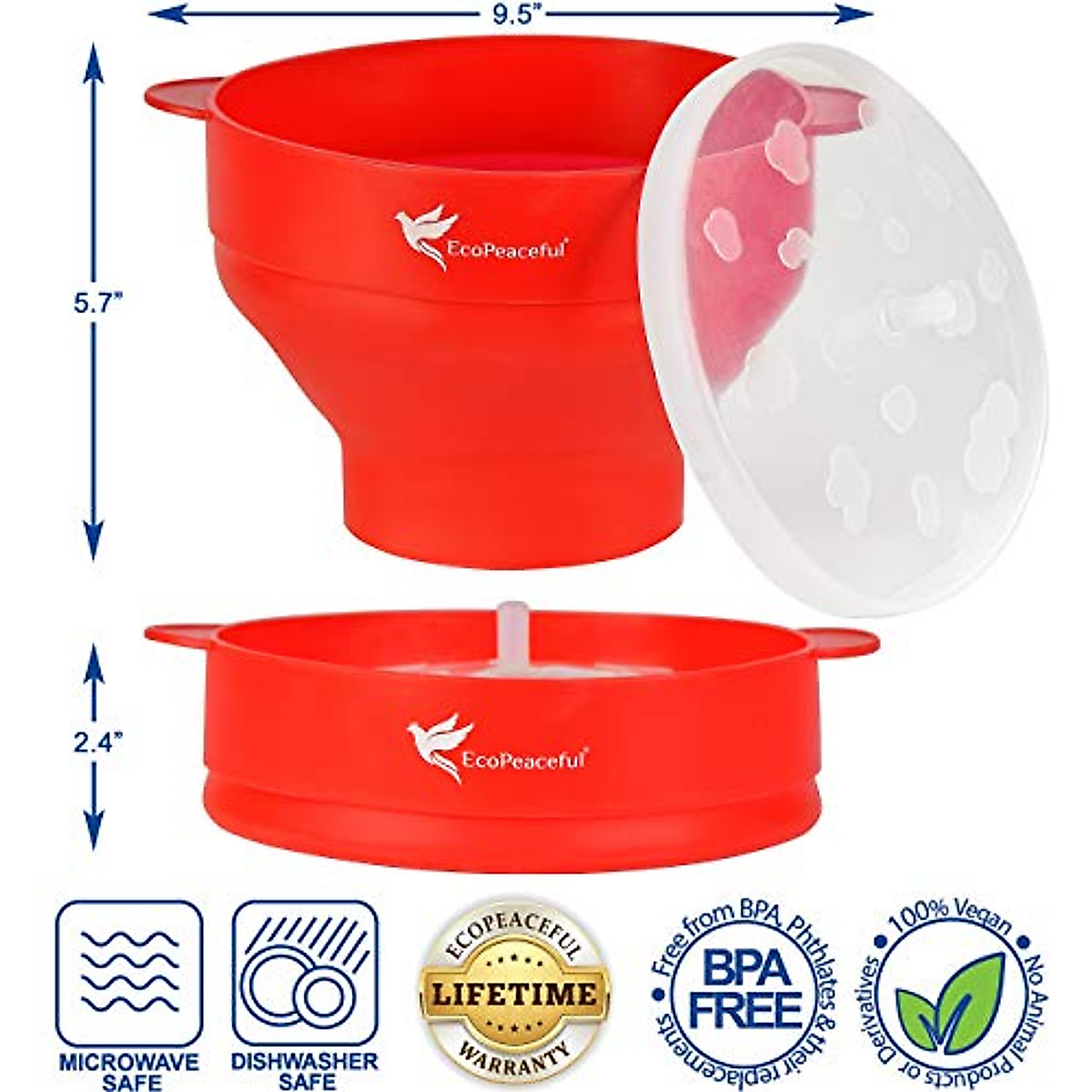 EcoPeaceful Silicone Microwave Popcorn Popper Collapsible Bowl - 100% Pure Silicone - LFGB Food Grade - No Fillers, BPA-free, Vegan, Reusable, Plastic-free, Eco-Friendly