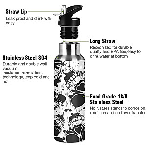 Glaphy Vintage Skulls Retro Water Bottle with Straw Lid, BPA-Free, 20 oz Water Bottles Insulated Stainless Steel, for School, Office, Gym, Sports, Travel