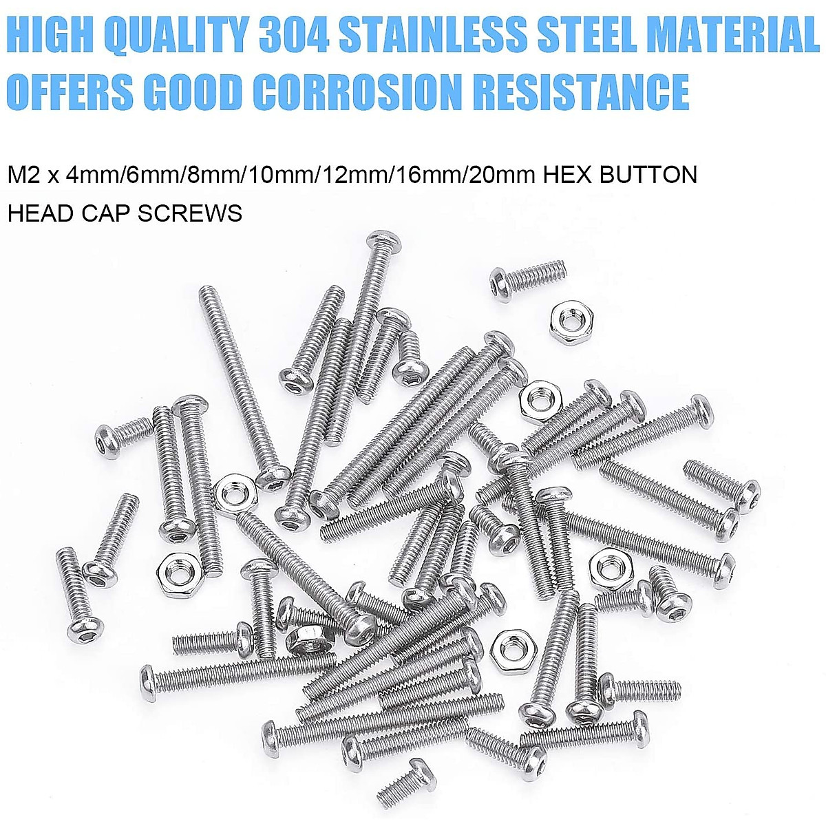 DYWISHKEY 310 Pieces M2 x 4mm/6mm/8mm/10mm/12mm/16mm/20mm, Stainless Steel 304 Hex Button Head Cap Bolts Screws Nuts Kit with Hex Wrench