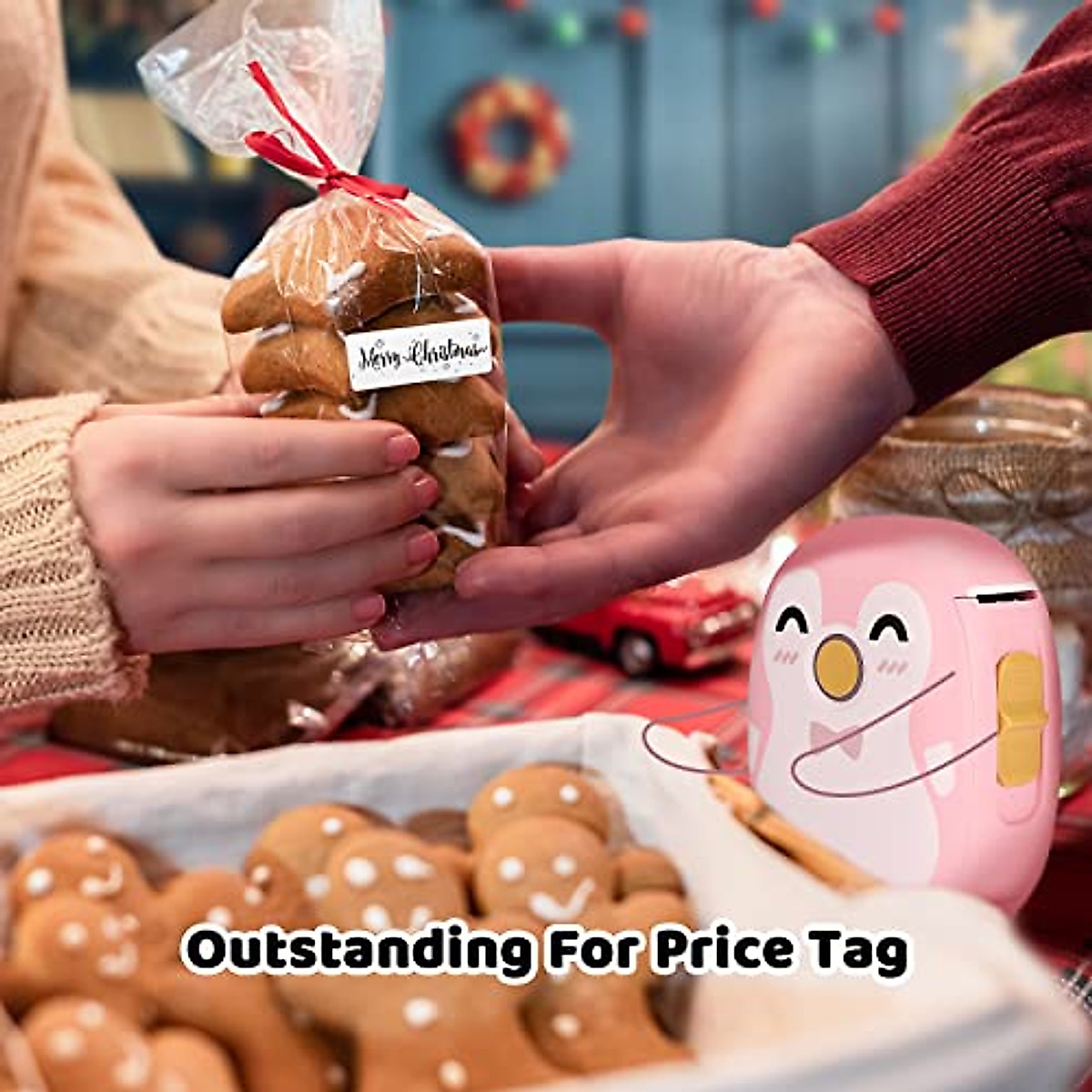 MUNBYN Penguin Label Maker Machine with Tape, Bluetooth Pocket Thermal Label Printer, Handheld Sticker Printer for Christmas Home Kitchen Study Use, Compatible with Android & iOS (Pink)