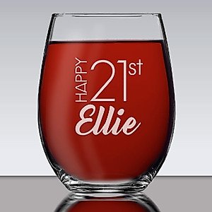 The Wedding Party Store, Custom Personalized Twenty First Birthday Square Shot Glass, Wine Glass, Champagne Flute, Beer Glass - Customized 21st B-day Celebration Party (15 oz Stemless Wine Glass)