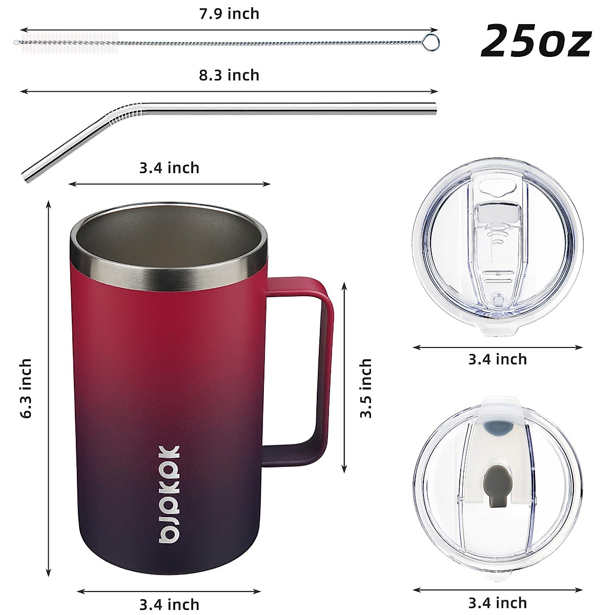 BJPKPK Insulated Coffee Mug with 2 Lids, 25oz Stainless Steel Insulated Tumbler with Handle, Double Wall Vacuum Coffee Cup, BPA Free Leak Proof Thermos for Travel & Home, Charming Red & Blue
