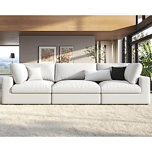 PaPaJet Modular Sectional Sofa, 114 Inches Down Filled Sectional Sofa, 3 Seater Oversized Comfy Couch for Living Room, White Linen Cloud Couch Set