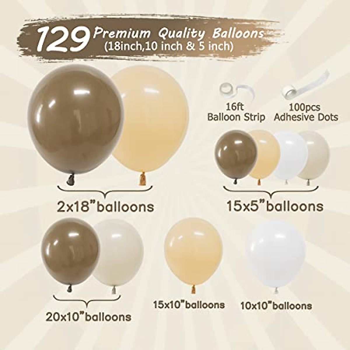 Brown Balloon Garland Kit, JOGAMS 129 Pack Neutral Balloon Arch, 5/10/18 Inch Brown Nude Balloons for Baby Shower Bridal Shower Birthday Decorations Neutral Theme Party Decorations