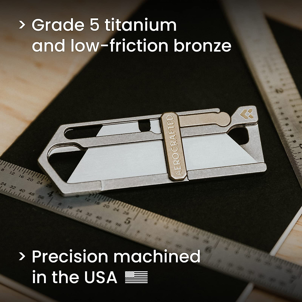 Aerocrafted Sideslip Utility Knife, EDC Everyday Carry, Razor Blade, Made in the USA (Titanium/Bronze, Right-handed)