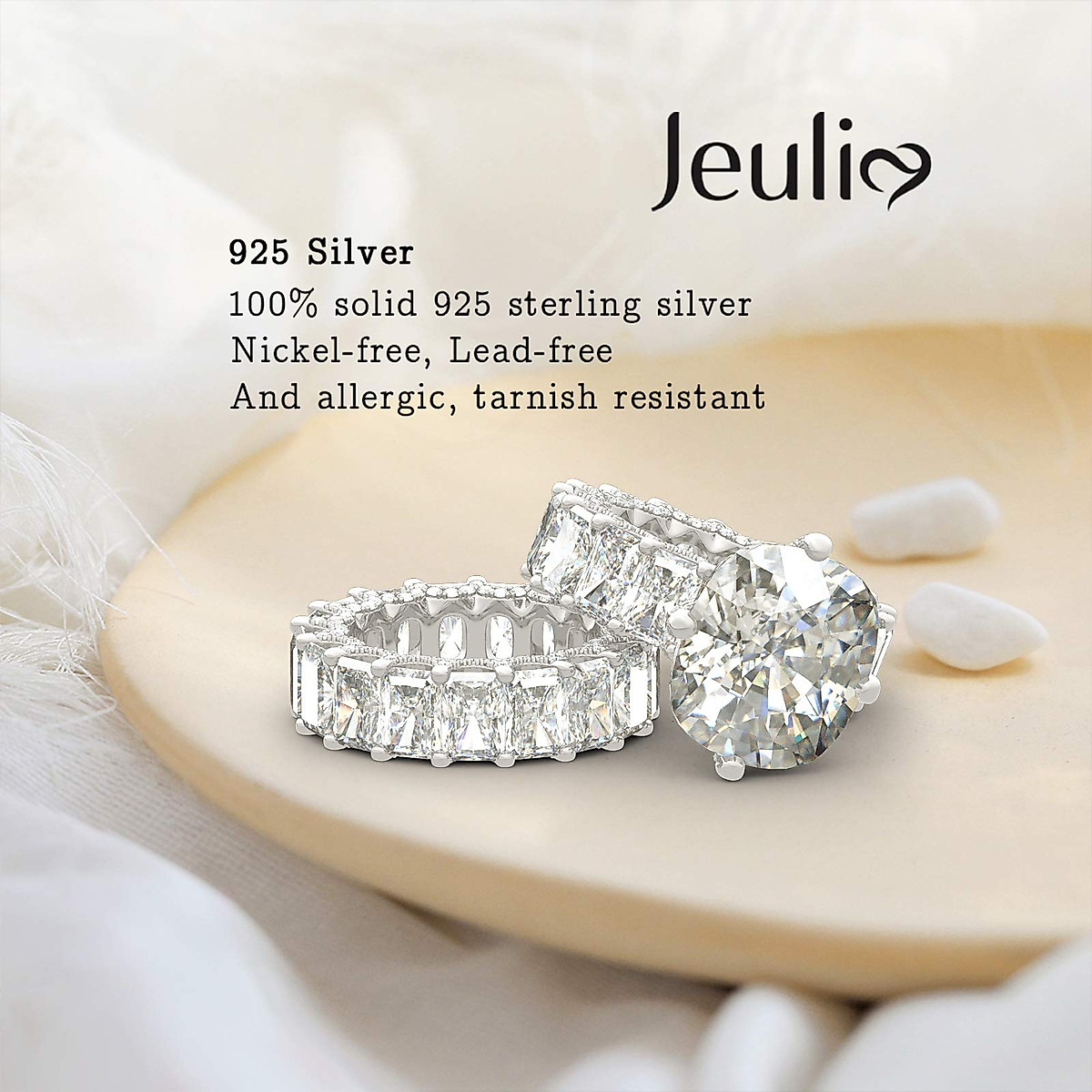 Jeulia Cushion Cut Three Sided Pave Sterling Silver Eternity Ring Cubic Zirconia Art Deco Halo Wedding Engagement Anniversary Rings Set (silver, 7)