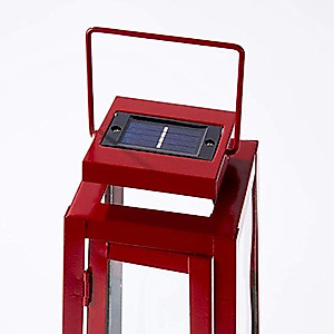 Red Outdoor Solar Lanterns - 11 Inch, Set of 2, Metal & Glass, Waterproof Flameless Pillar Candle, Dusk to Dawn Timer, Flickering LED Light, Rustic Vintage Patio