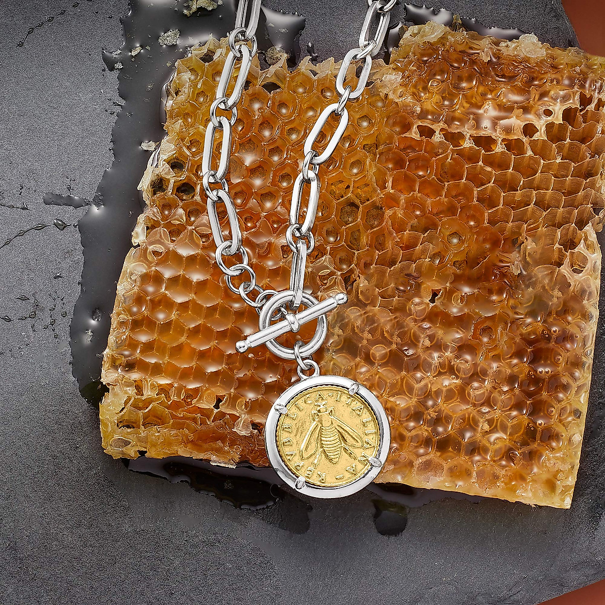 Ross-Simons Italian Sterling Silver and 18kt Gold Over Sterling Replica Bumblebee Lira Coin Paper Clip Link Toggle Necklace 20 inches