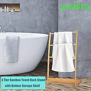 3 Tier Bamboo Towel Rack Stand Free Standing Blanket Rack with Bottom Storage Shelf,Quilt Rack Bamboo Towel Bar with Shelf Rustic Towel Racks for Bathroom Freestanding with Shelf