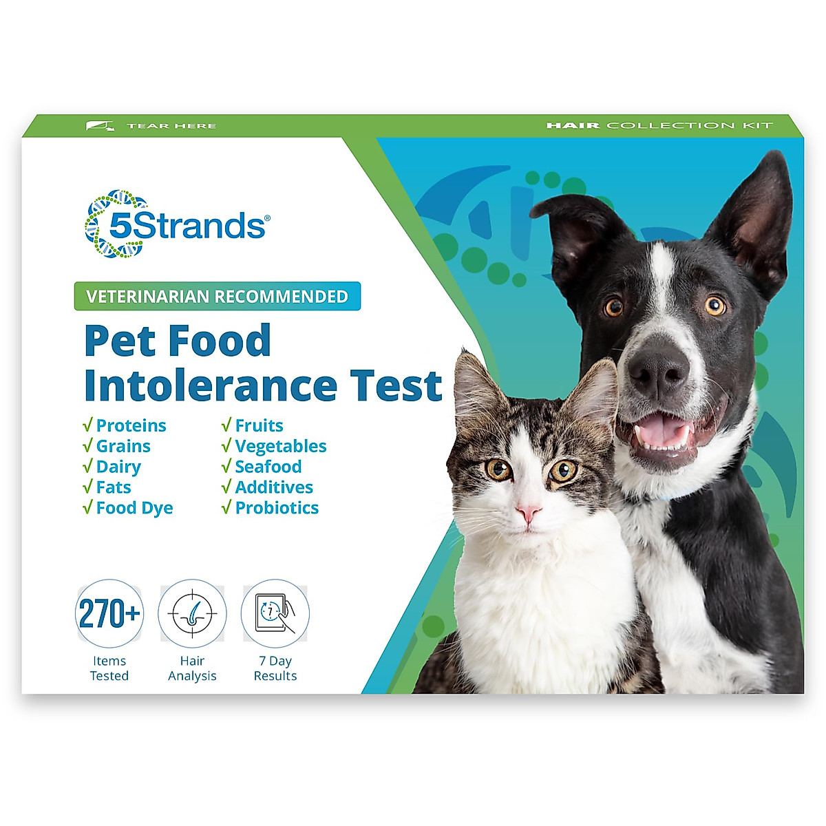 5Strands Pet Food Intolerance Test, at Home Sensitivity Test for Dogs & Cats, 289 Items, Hair Analysis, Accurate for All Ages and Breed, Results in 5 Days - Protein, Grain, Preservatives