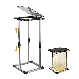 yamagahome Metal Trash Bag Holder, 16-28 Inch Height Adjustable Garbage Bag Holder with Lid, Clamp Ring and Corner Protection, Collapsible Outdoor Waste Bins, Trash Bag Stand for RV and Camping, Black