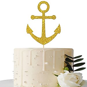 Gold Glitter Ship Anchor Cake Topper - for Baby Shower/Nautical Themed Party/Navy Themed Bon Voyage/Navy Wedding Party Decorations Supplies